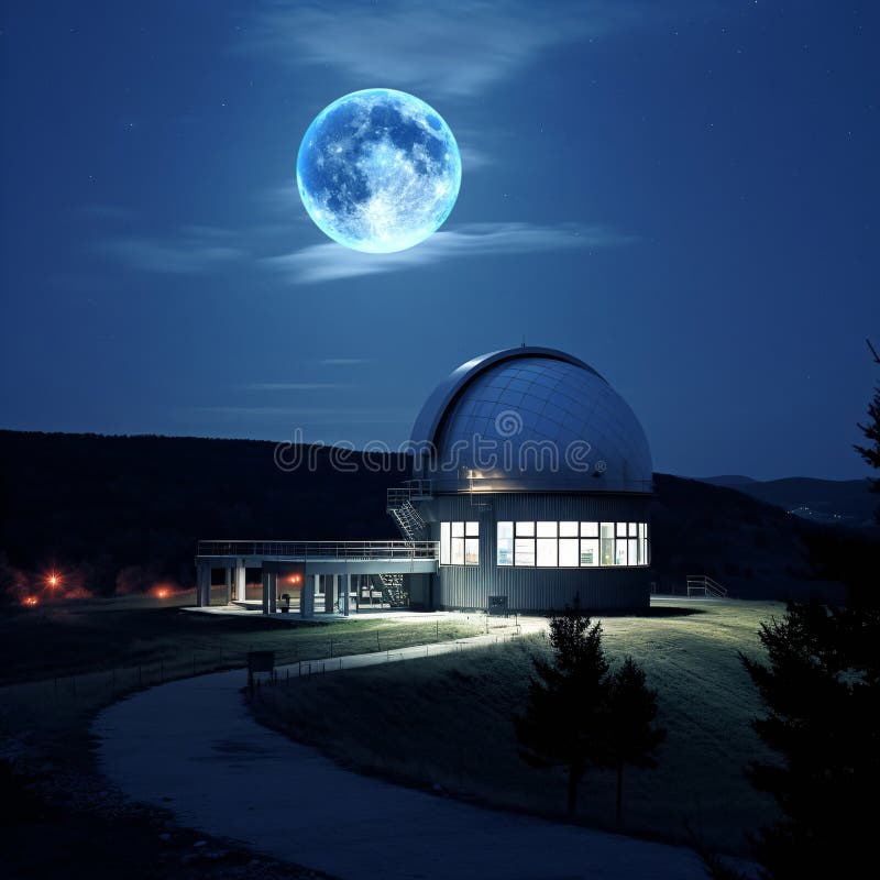 Blue Supermoon, Night Sky with Moon and Observatory on Mountain - AI ...