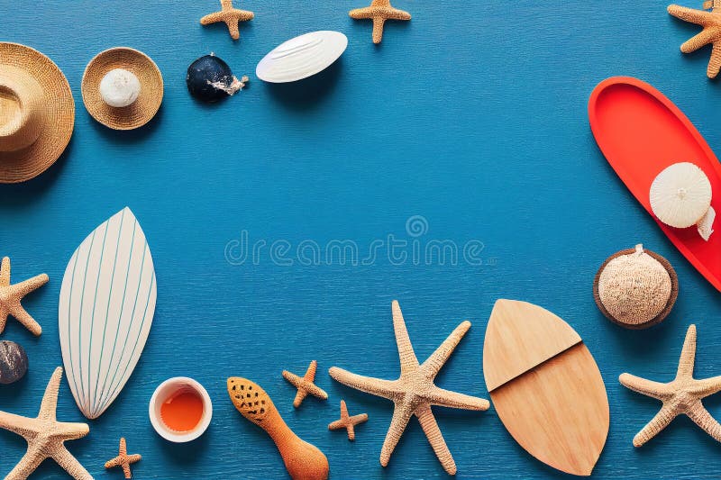 A Blue Surface with Various Items Made Out of Wood and Shells on it ...