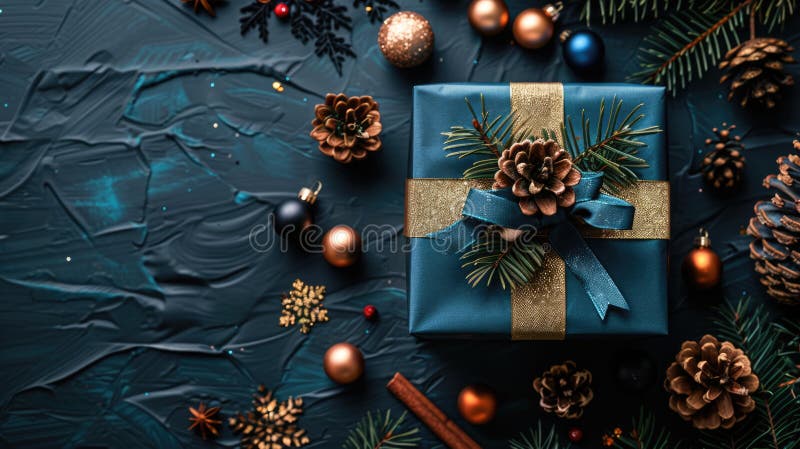 Blue Surprise: Festive Gift Box and Decorations on Dark Background with ...
