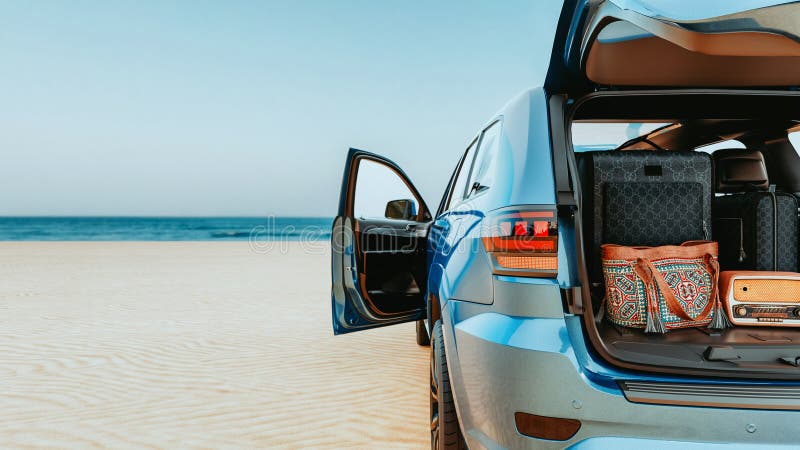 A Blue SUV with Its Trunk Open on a Beach Stock Illustration ...
