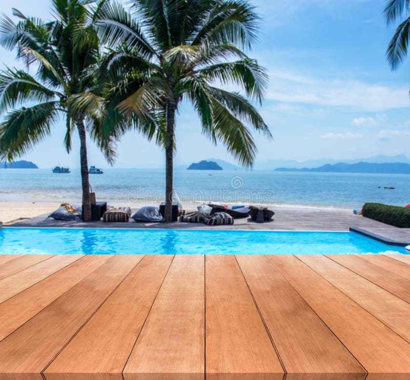 Blue Swimming Pool Summer Vacation and Wooden Deck Stock Image - Image ...