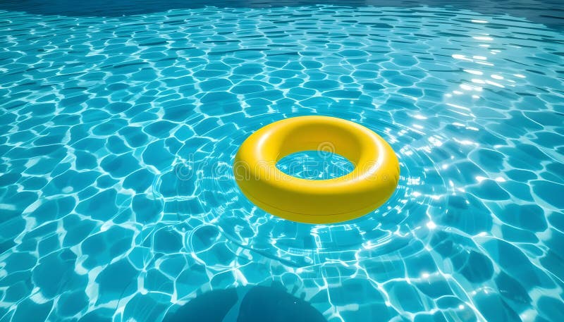 Blue Swimming Pool Water with Sun Reflections and Floating Yellow Ring ...