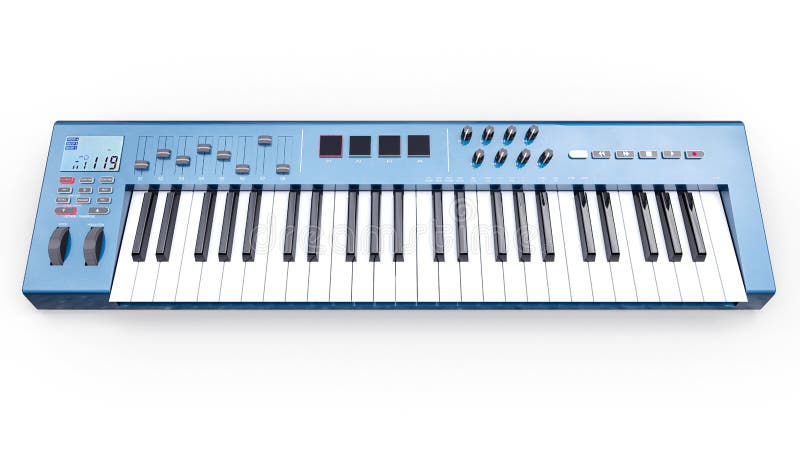 Blue Synthesizer MIDI Keyboard on White Background. Synth Keys Close-up ...