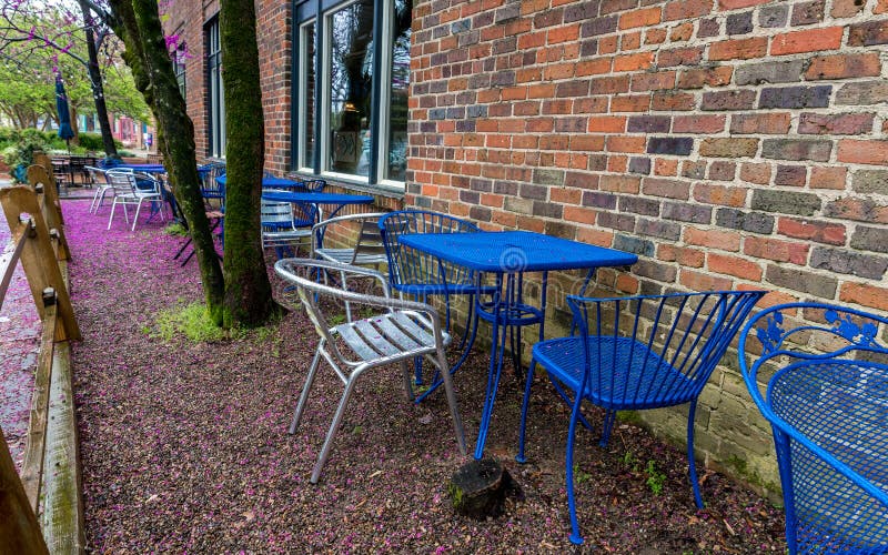 Blue Table and Chairs at a Restaurant with Beautiful Flowering Trees ...
