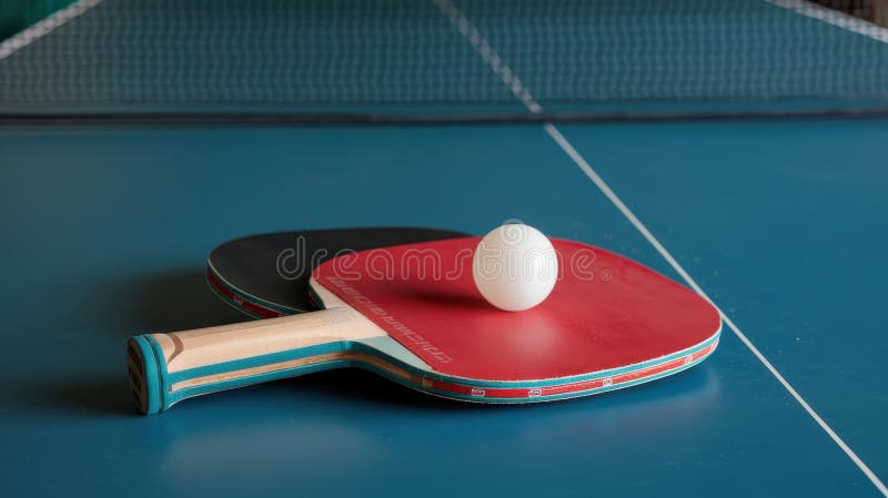 Blue Table with Two Ping Pong Paddles and Single Ball Stock ...