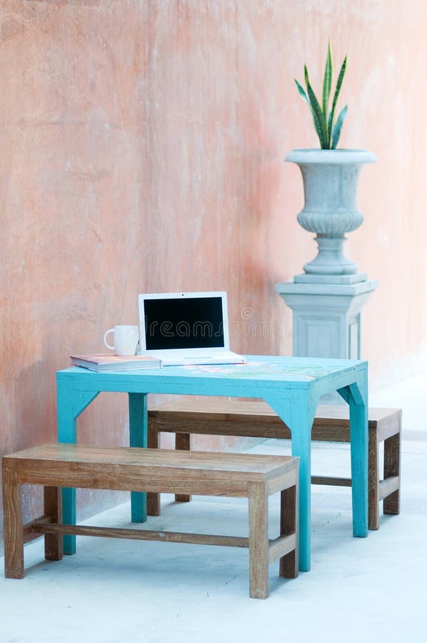 Blue Table and Wood Chair Outdoor Stock Image - Image of flower, living ...