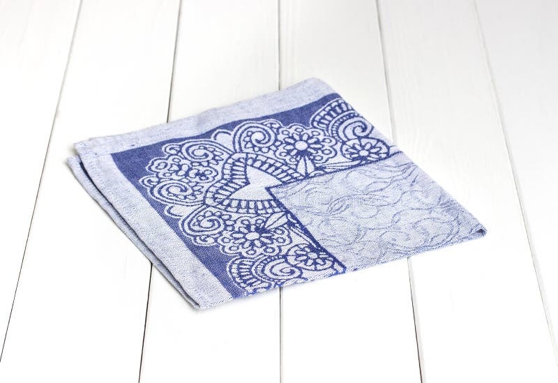 Blue Tablecloth with Pattern on Wooden Table Stock Photo - Image of ...