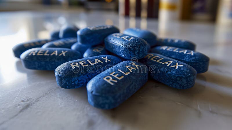 Blue Tablets Labeled "Relax" on a Reflective Surface Stock Illustration ...