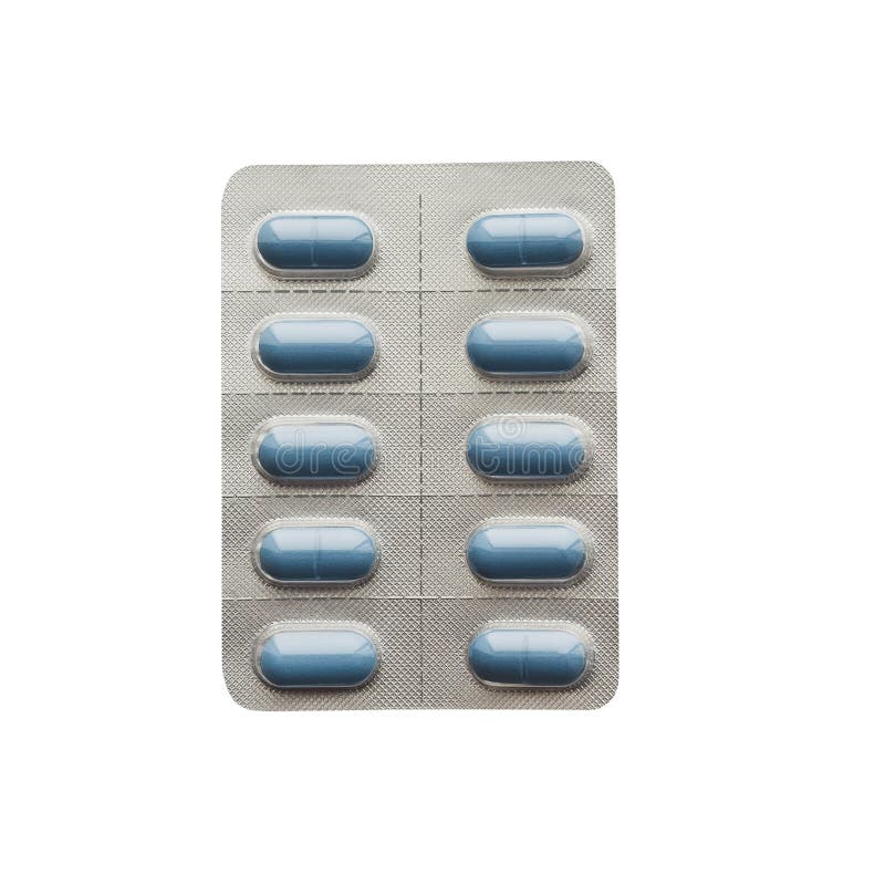 10 Blue Tablets in a Silver Blister on White Isolated without Shadow ...