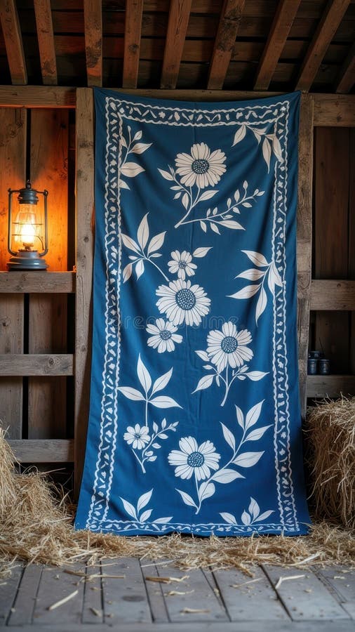 Blue Tapestry with White Floral Design Hanging in Rustic Barn Setting ...