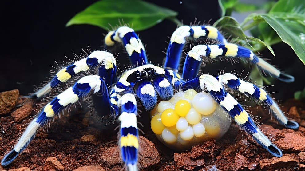 Blue Tarantula Guarding Eggs in Terrarium Stock Photo - Image of ...