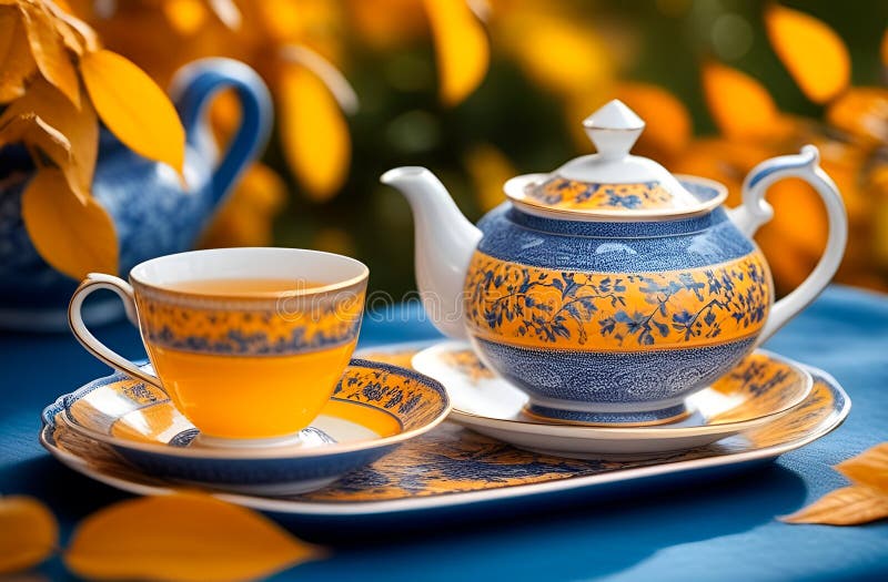 Blue Tea Set Under Fall Foliage. Watercolor Drawing Stock Image - Image ...