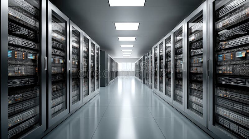 A Blue Tech Background Features a Data Center with Server Racks and Glowing Elements ...