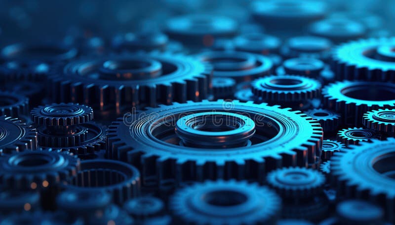Blue Tech Gears Interconnected, Detailed. Complex Mechanism Generates ...