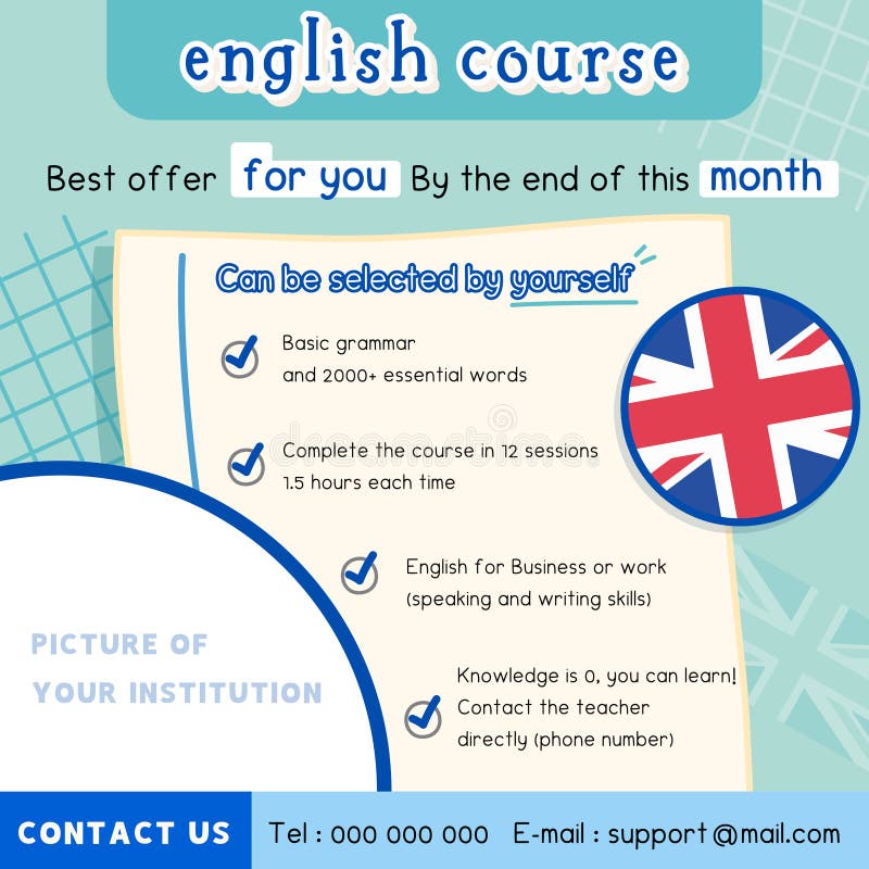 Blue Template English Course Advertising Poster Stock Vector ...