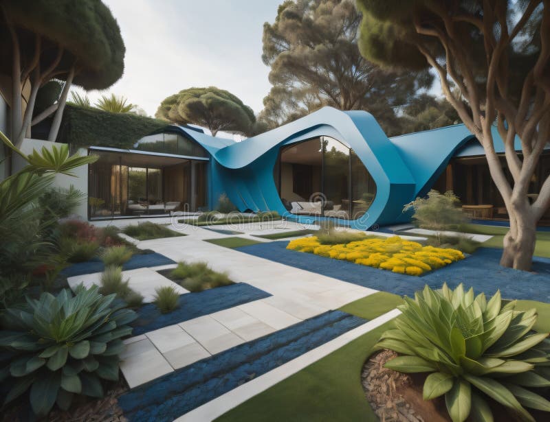 Blue Terrace Design with a Garden Equipped with Flowers and Trees Stock ...