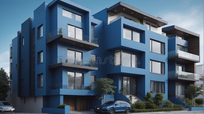 Blue Theme Apartment Duplex House Facade for Ai Generated Stock ...