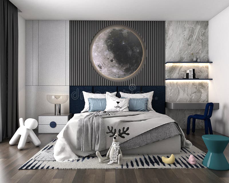 Blue Theme with Moon Kids Bedroom Interior Design Stock Illustration ...