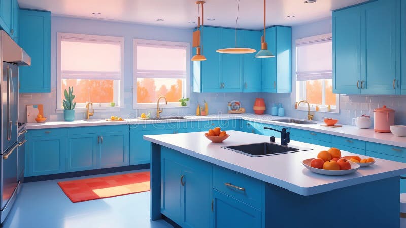 Blue Themed Aesthetic Minimalist Kitchen Interio Ai Generated Stock ...