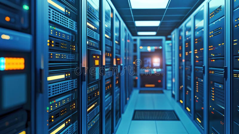 Blue-themed Data Center Interior with Networking Equipment for Secure ...