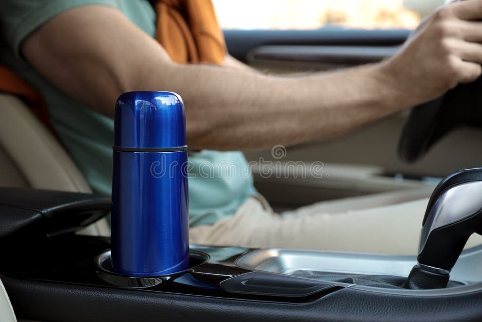 Blue Thermos in Holder Inside of Car Stock Photo - Image of metal ...