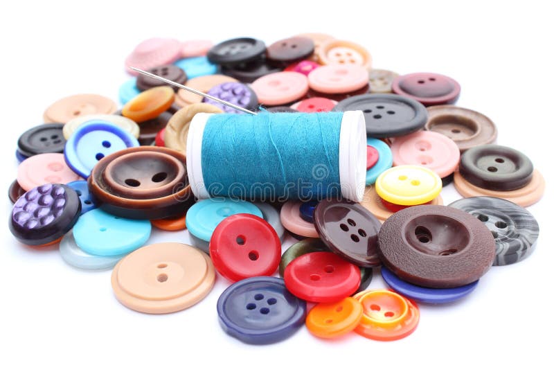 Blue Thread with Needle and Collection of Colored Sewing Buttons Stock ...