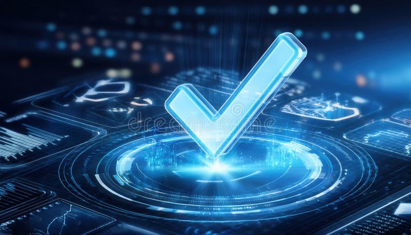 Blue Tick Symbol on Digital Circuit Floating Above High-tech Financial ...