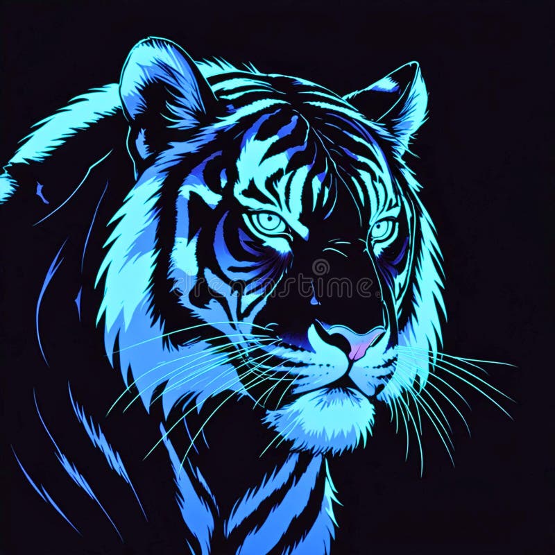 A Blue Tiger with Glowing Stripes on a Black Background with a Glowing ...