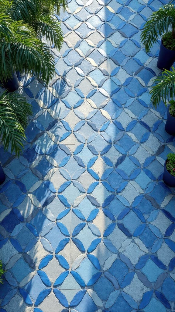 Blue Tile Pattern Walkway with Palm Trees and Symmetrical Design Stock ...