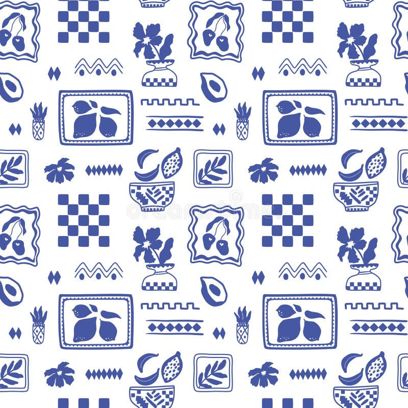 Blue Tile Summer Seamless Pattern. Abstract Checkered Elements, Framed ...