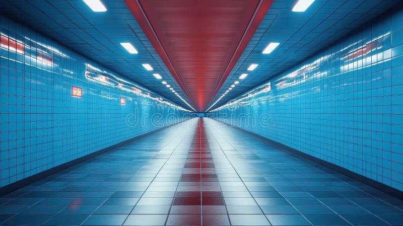 Blue Tiled Tunnel with Red Ceiling and Lights Stock Illustration ...