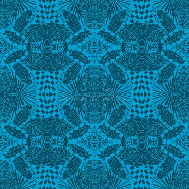 Blue Tiles with Seamless Pattern. Vector Illustration. Drawing by Hand ...