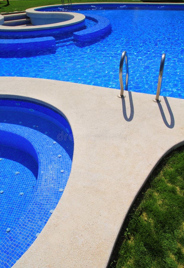 Blue Tiles Swimming Pool with Green Grass Garden Stock Image - Image of ...