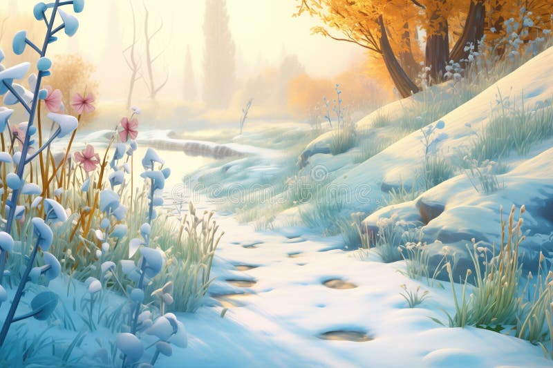 Blue-tinted Frost on Wildflowers by a Winding Path Stock Photo - Image ...