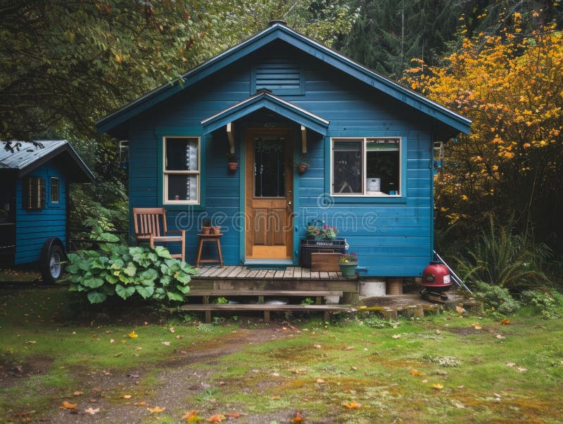 Blue Tiny House in the Middle of the Forest in Autumn. Stock ...