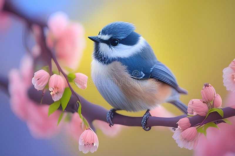 Blue Titmouse Bird on Cherry Blossom Branch, Sunny Day. AI Generated ...