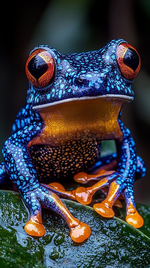 Blue Toad Frog with Orange Belly Close-up on a Leaf. Stock Illustration ...