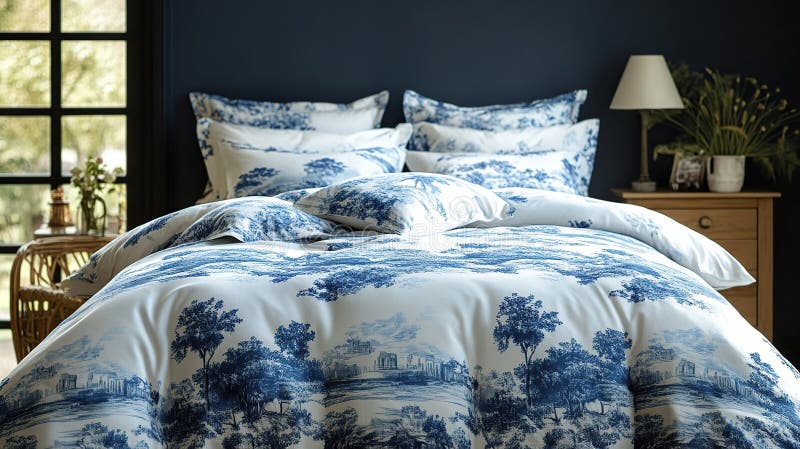 Blue Toile Bedding on a Bed in a Bedroom with Natural Light Stock ...