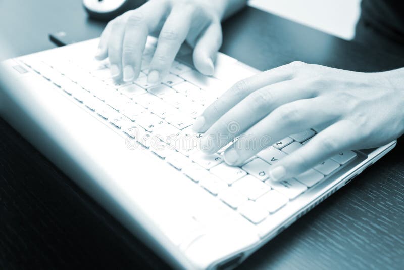 Blue Toned Image of Female Hand Typing on a Pc Stock Photo - Image of ...