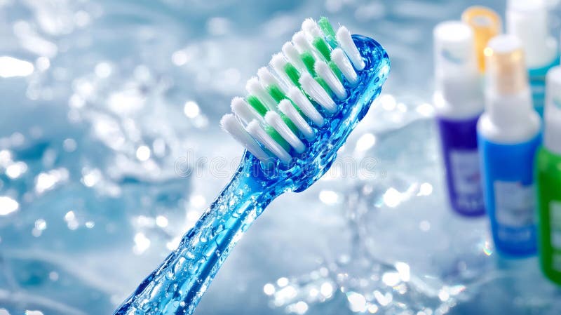 A Blue Toothbrush with Water Coming Out of it Next To a Group of ...