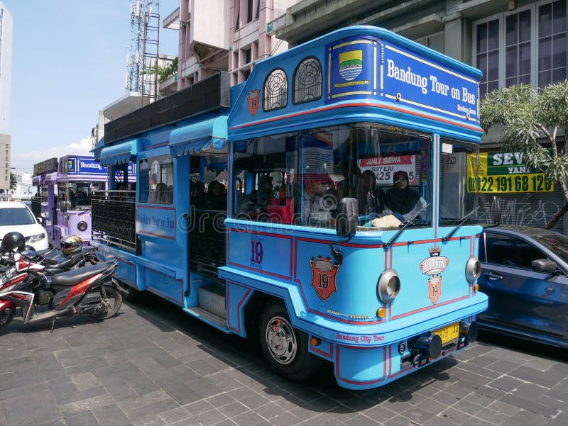 Blue Tour Bus in Braga Street in Bandung, Indonesia Editorial Stock ...