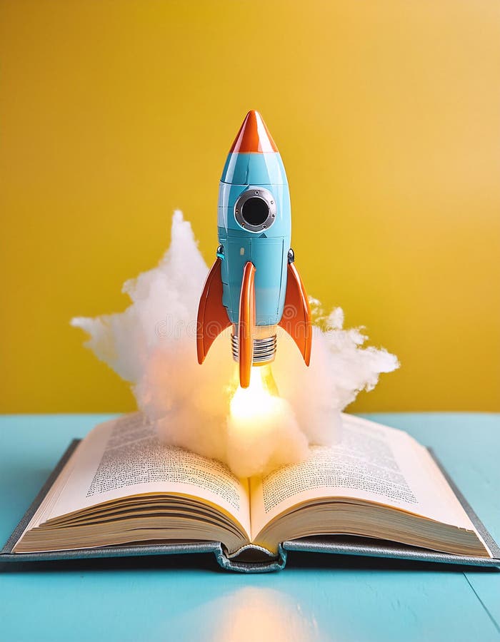 A Blue Toy Rocket Blasts Off from a Open Book on a Table. Generative AI ...