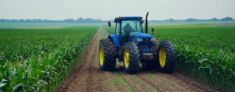 With a Blue Tractor, a Farmer is Cultivating the Field Using a ...