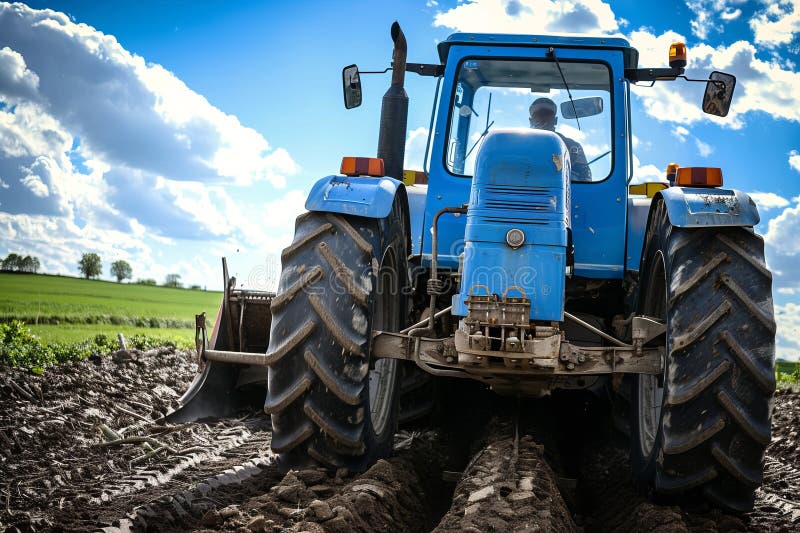 Blue Tractor Plowing Field Under Bright Blue Sky with Clouds Stock ...
