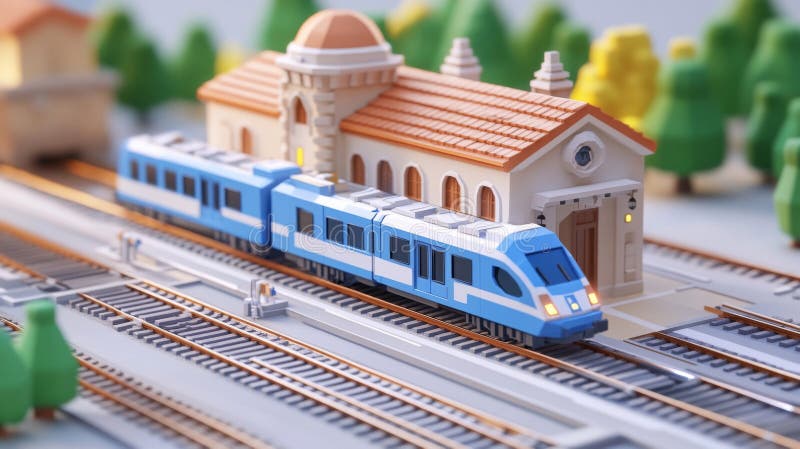 Blue Train Arriving at a Low Poly Train Station Stock Illustration ...