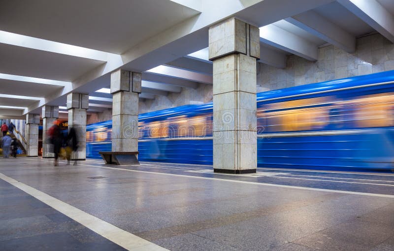 Blue Train in Motion at Subway Station Editorial Photography - Image of ...