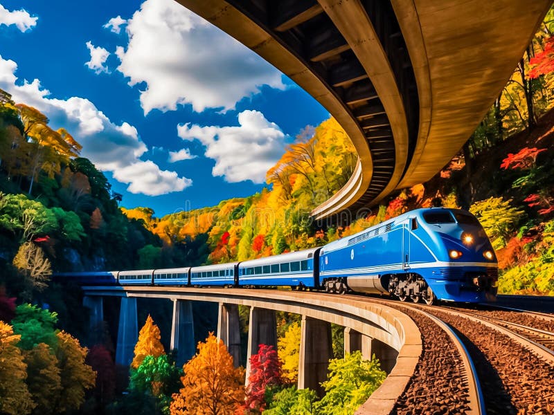 Blue Train Running on the Concrete Bridge with the Colorful Forest in ...