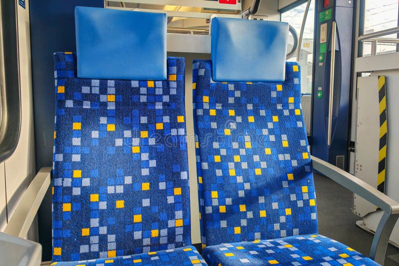 Modern Train Seats with Patterned Material in a Hungarian Railway Car ...