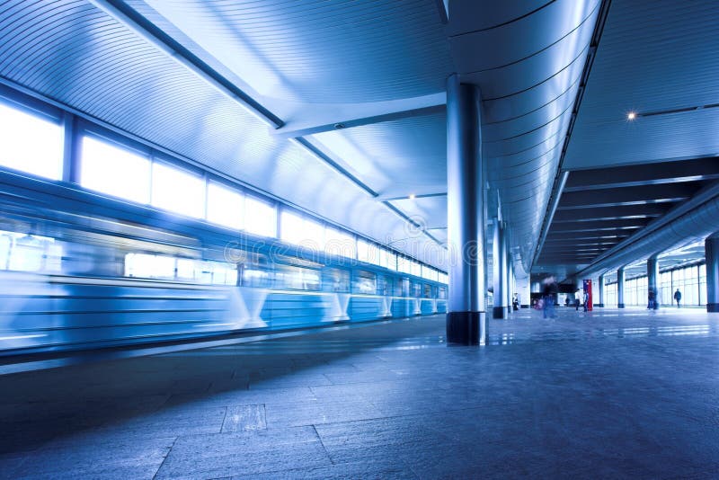Blue Train at the Train Station before Departure. Station Platform ...