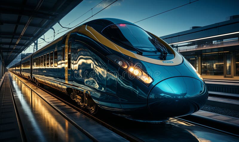 Blue Train Traveling Down Tracks Near Loading Platform Stock Image ...